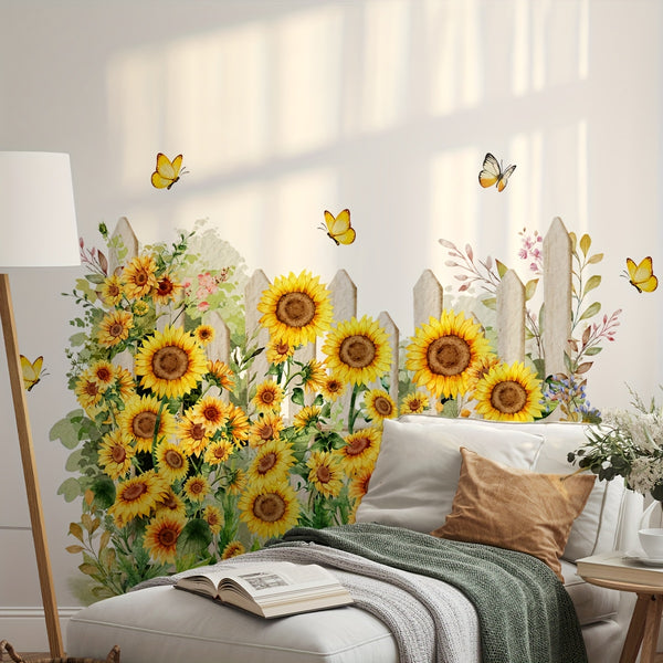 Sunflower Fence Floral Wall Decal Set for Bedroom Living Room Backgrou ...