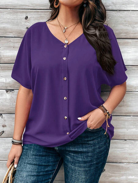 Women's Plus Size Plain Batwing Sleeve Buttoned-Up Blouse – Iets van ...