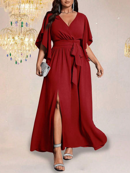 Cravure Plus Size Women V-Neck Flared Sleeve Tie Waist Ruffle Slit Dre ...