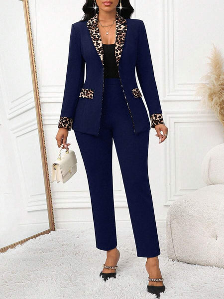 Lady Autumn And Winter Elegant Navy Blue Leopard Print Stitching Knitt ...