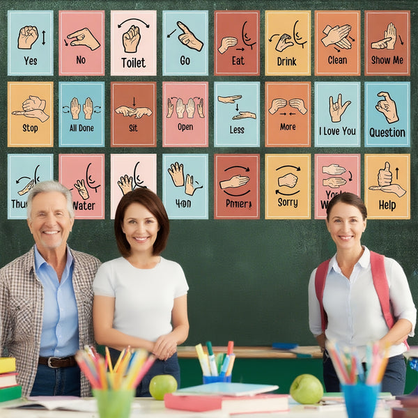 Classroom Sign Language Poster - 24 Handheld Language Cards with Commo ...